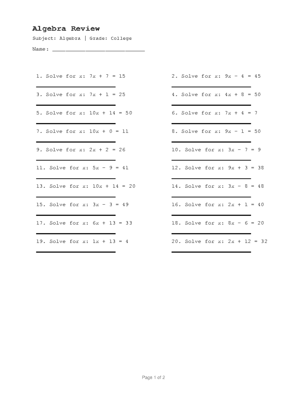 Algebra Review Exercises for College Students - Studocu