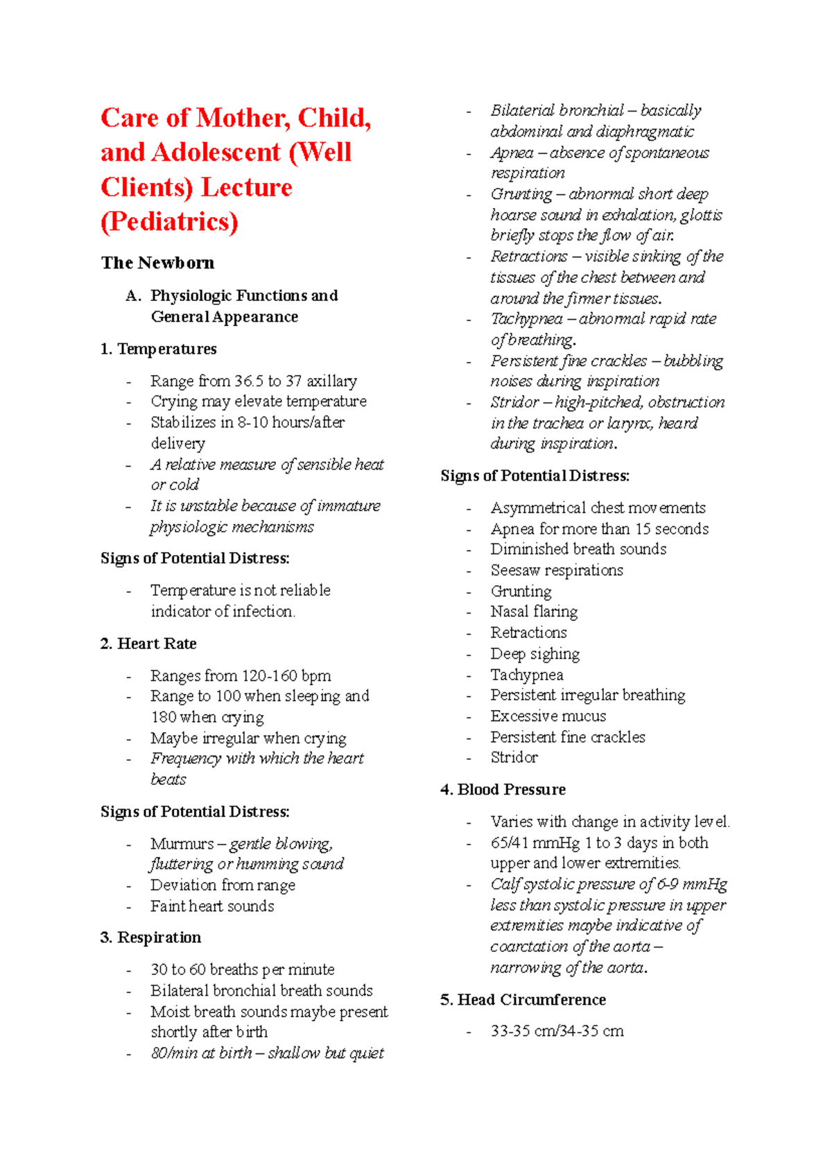 Pediatrics 101: Newborn Care Lecture Notes on Physiological Assessment ...
