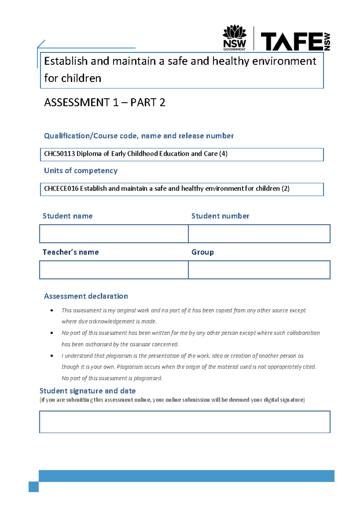 Chcece 016 Assessment 1 Part 2 9 - Establish and maintain a safe and ...