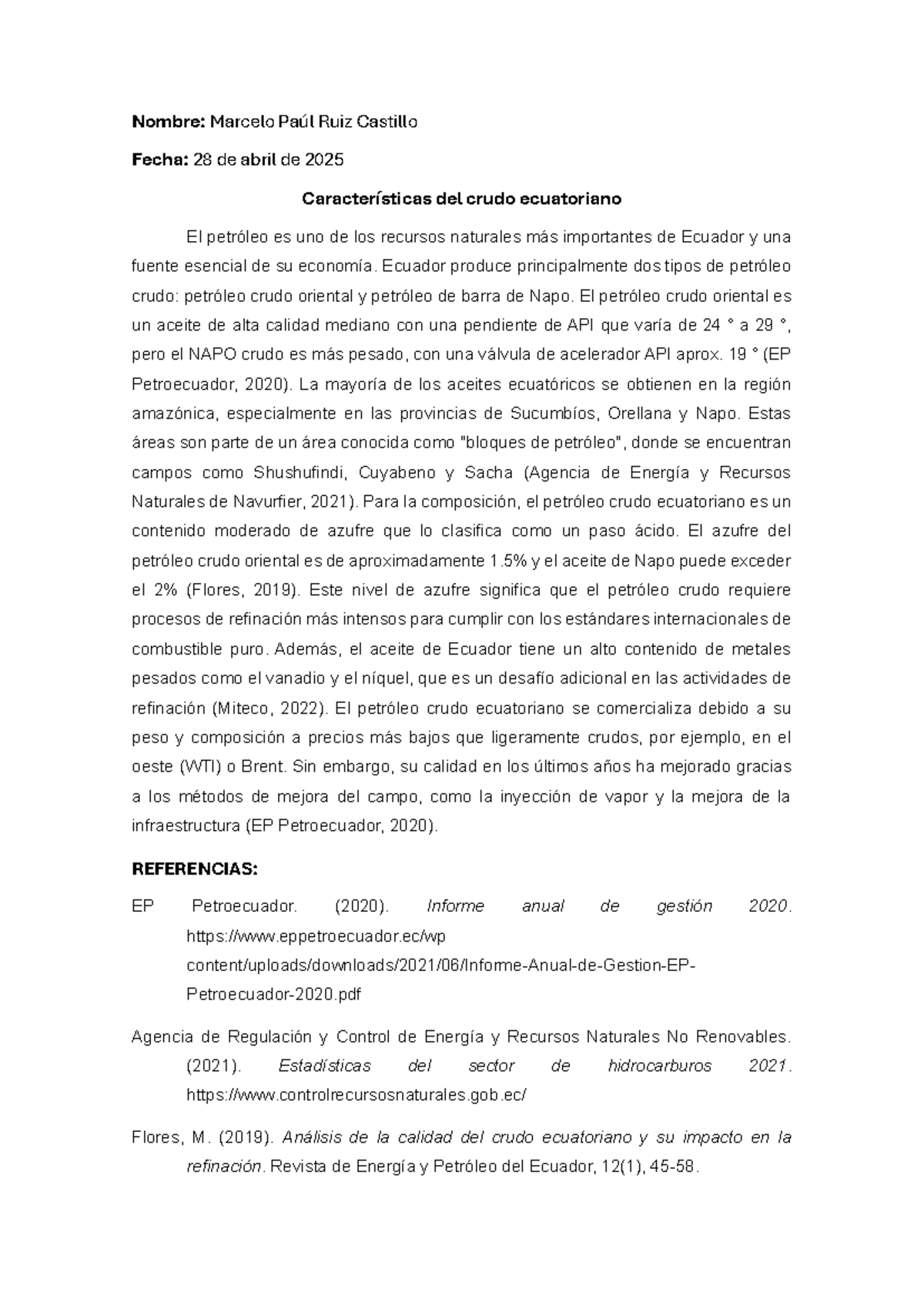 Características del Crudo Ecuatoriano: Análisis y Composición - Studocu