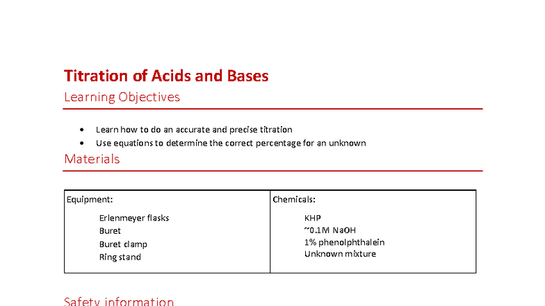 CHEM 1215 Titration of Acids and Bases Lab Worksheet - Studocu