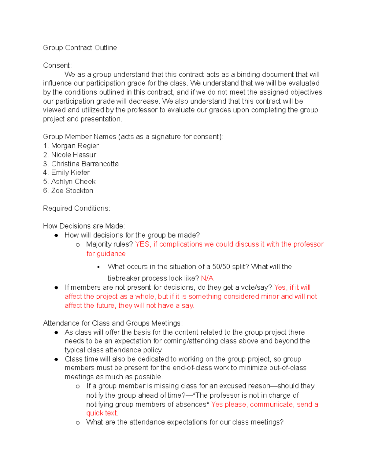 Group Contract Outline - Group Contract Outline Consent: We as a group ...