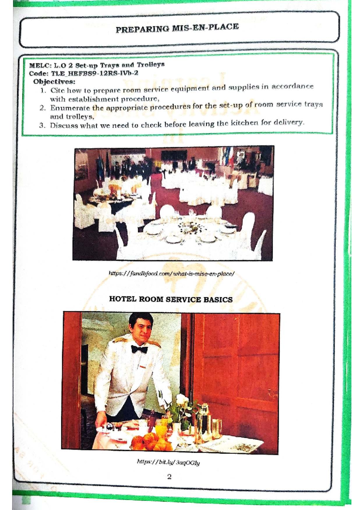 FBS-2: Preparing Room Service Equipment and Procedures - Studocu