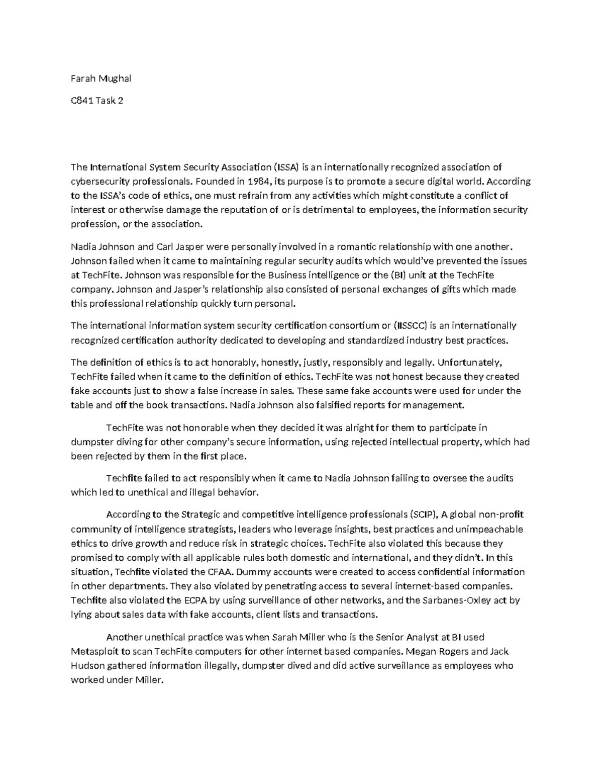 C841 Ethics in Technology: Analyzing TechFite's Unethical Practices ...