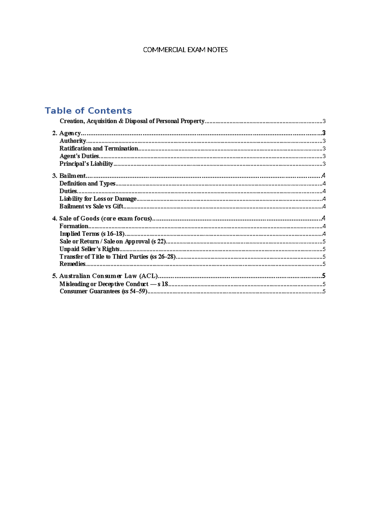COMMERCIAL LAW EXAM NOTES: Property, Agency, and ACL Overview - Studocu