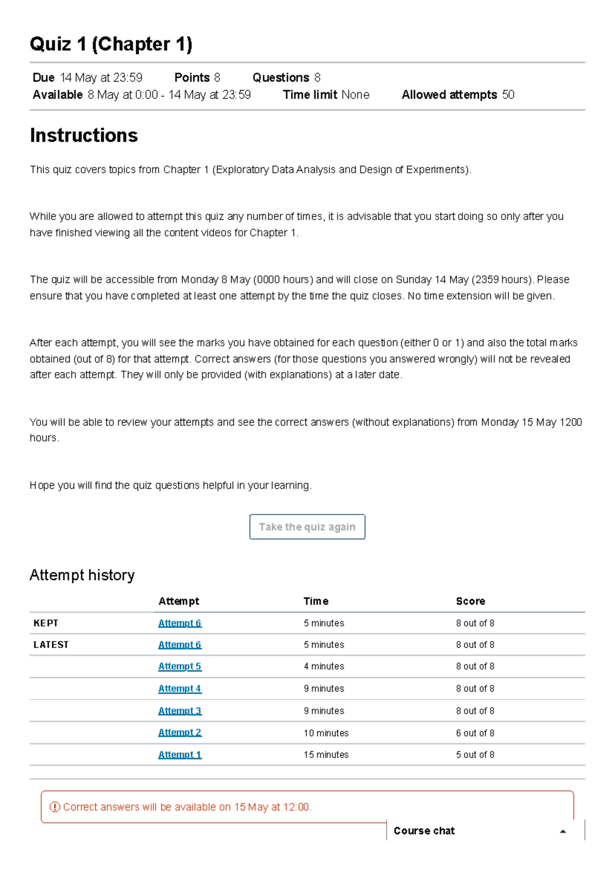 Attempt 6 - Quiz - Quiz 1 (Chapter 1) Due 14 May at 23:59 Points 8 ...