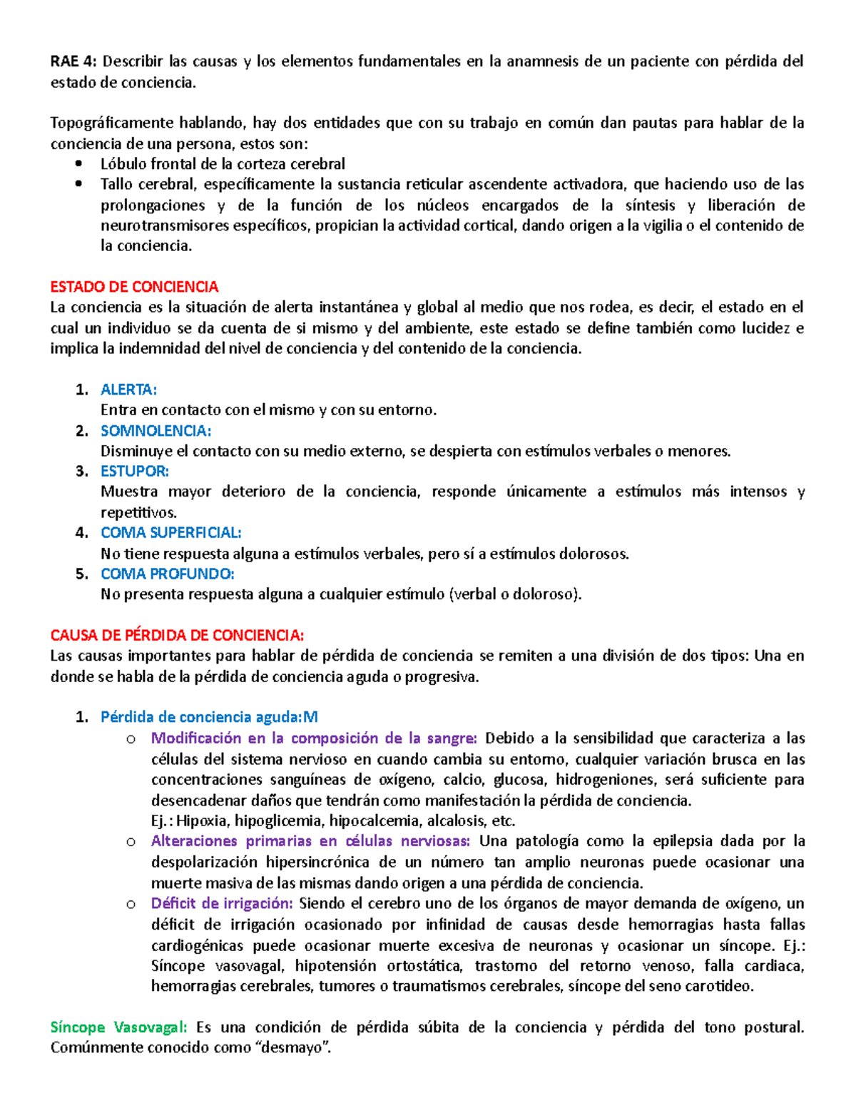 RAE Anamnsis Alteraciones estado de conciencia - RAE 4: Describir las ...