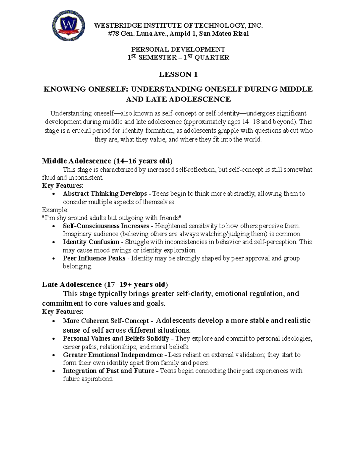 Personal Development 1st Sem 1st Quarter: Knowing Oneself in ...