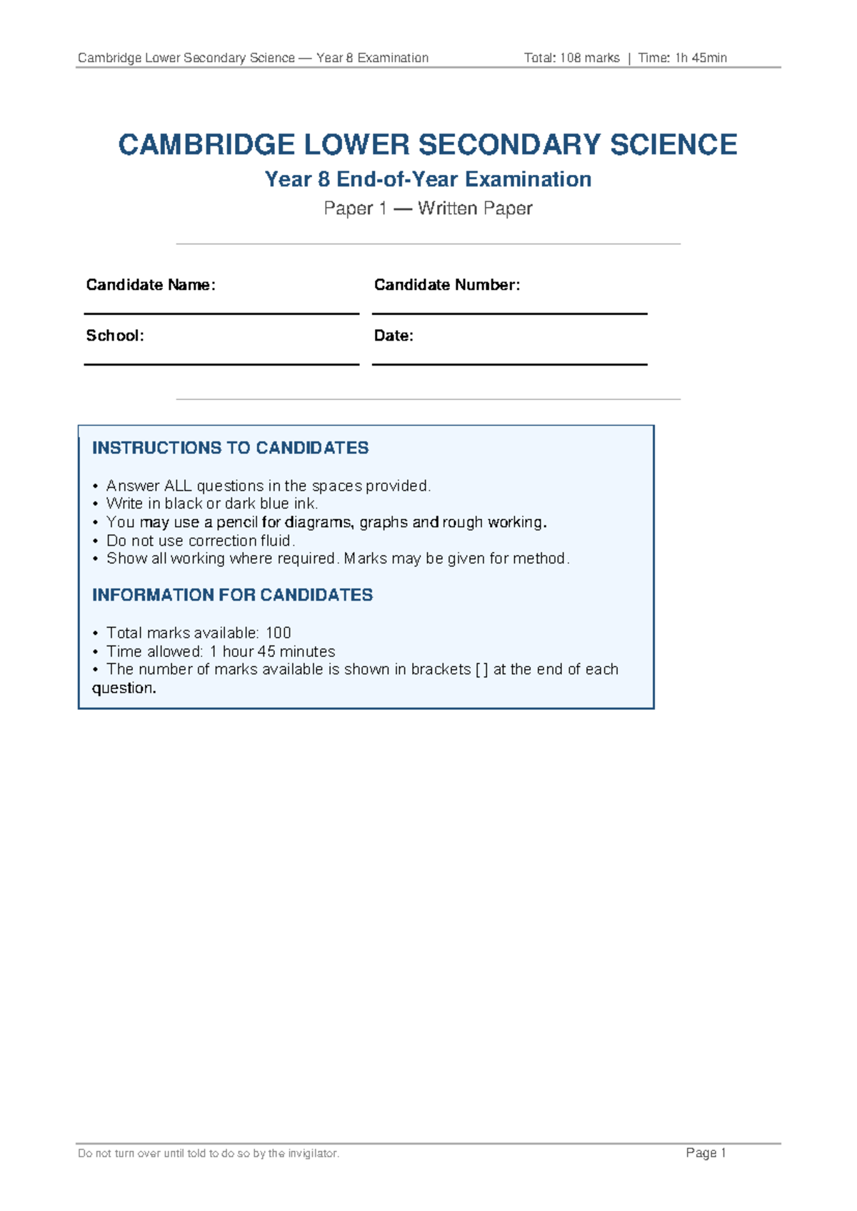 Y8 Cambridge Lower Secondary Science Exam Paper 1 - Total 108 Marks ...