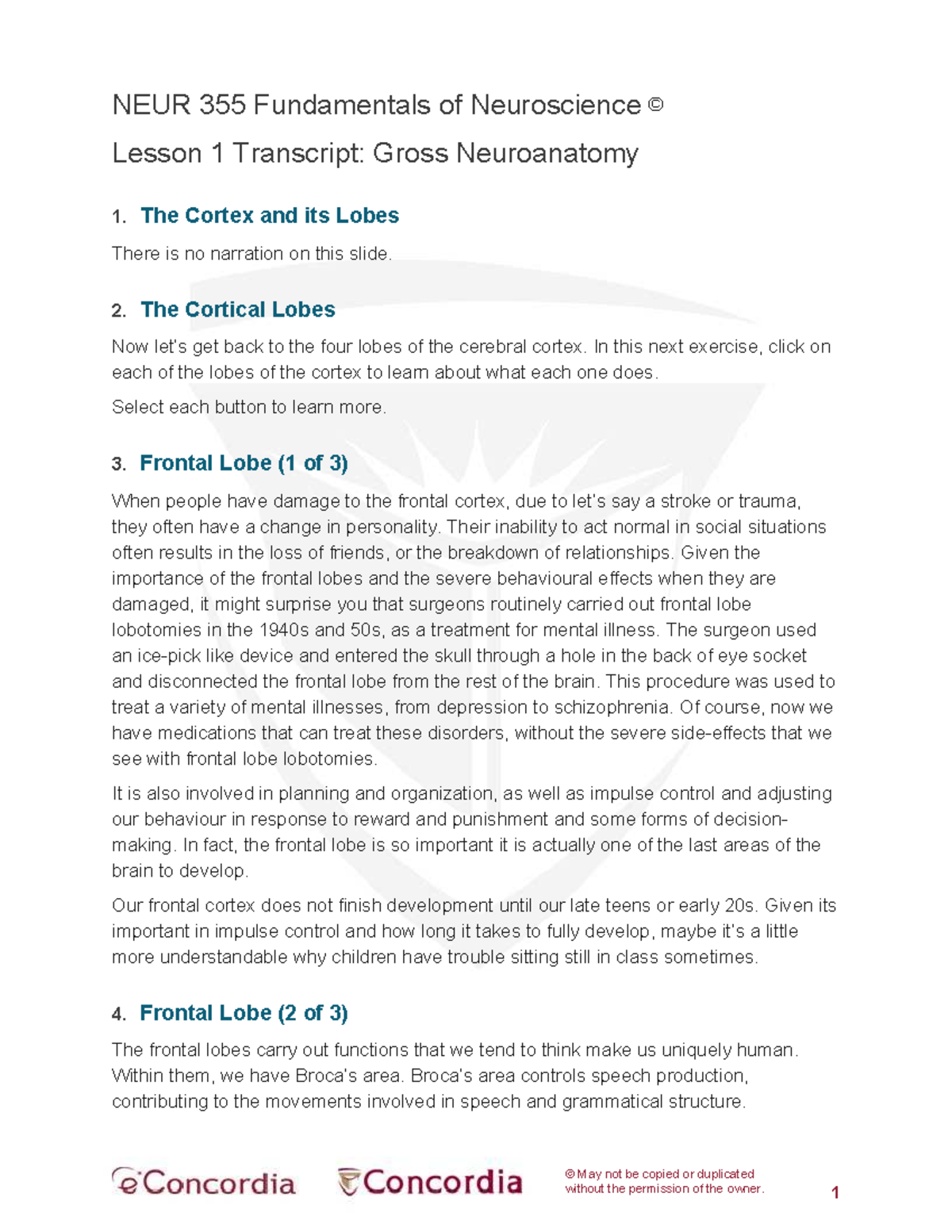 NEUR 355 Fundamentals of Neuroscience Lesson 1: Gross Neuroanatomy ...