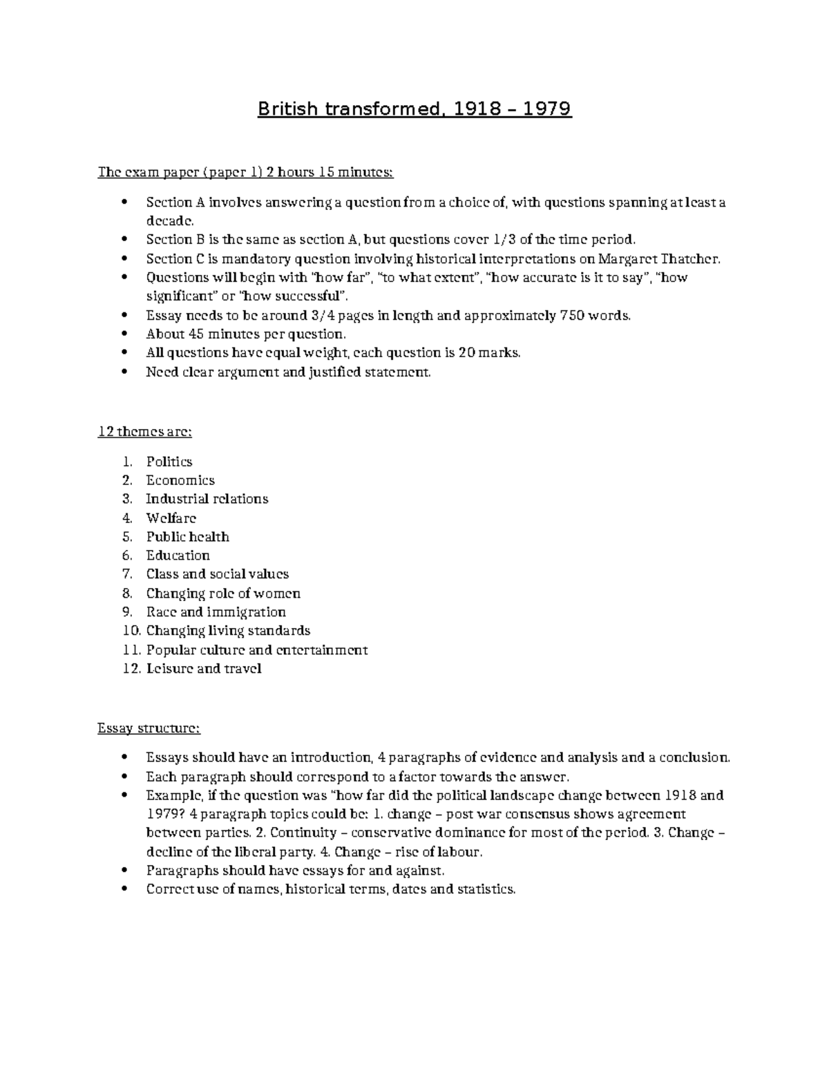 British Transformation Essay Exam (1918-1979) Guidelines - Studocu