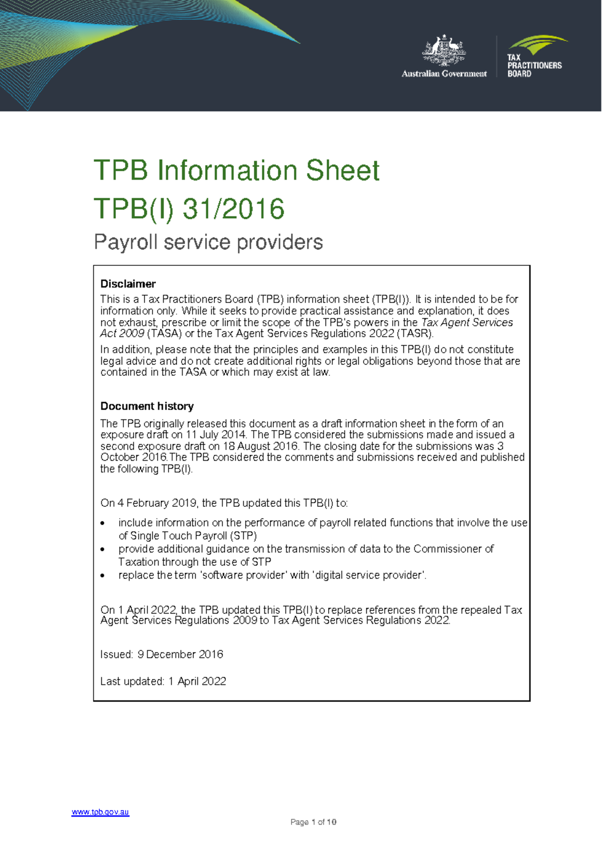 TPB(I) 31/2016: Guide for Payroll Service Providers - Studocu