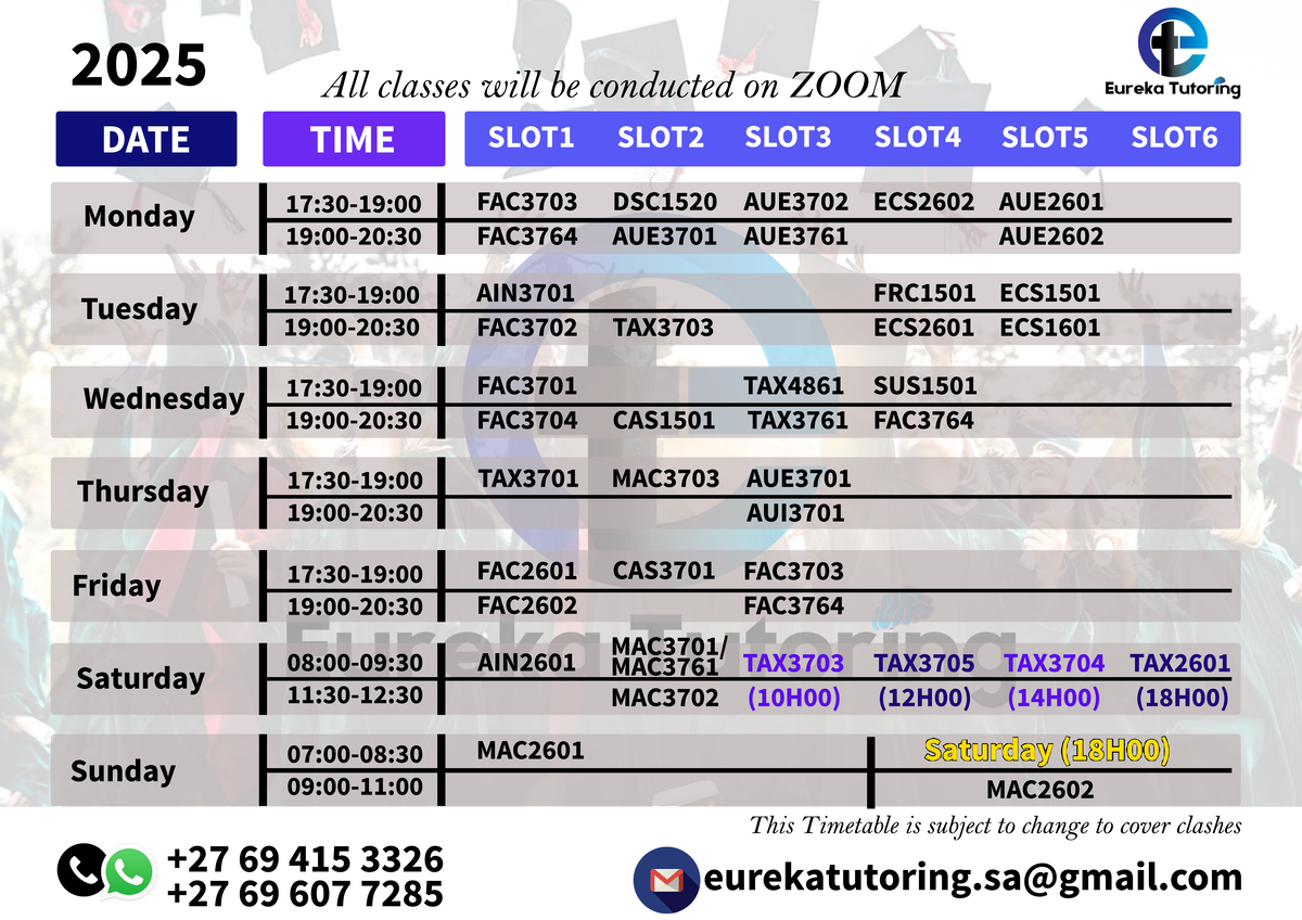 2025 Timetable for Courses: FAC3703, AUE3702, TAX3701, MAC3703 - Studocu