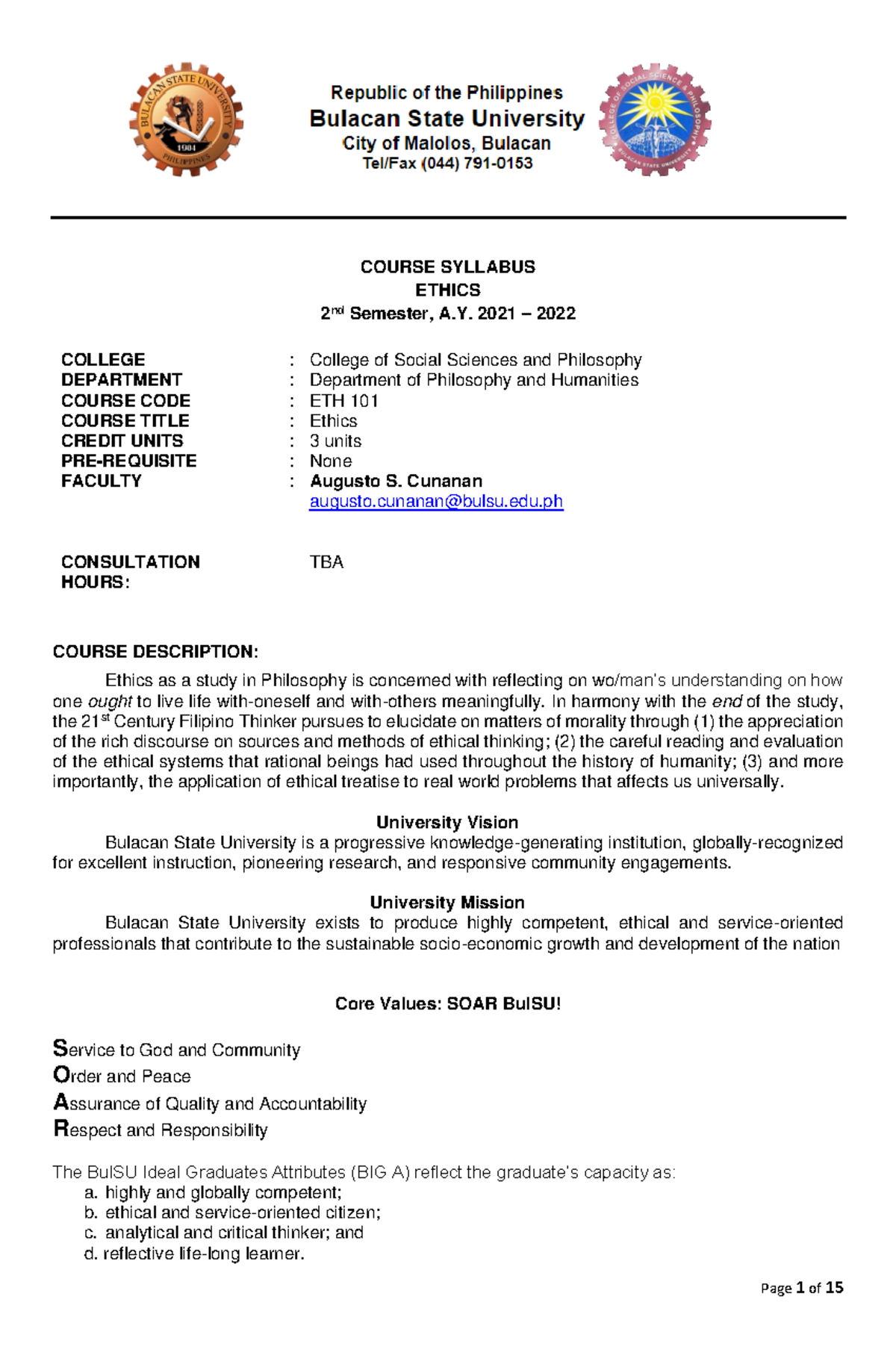 S2 ETH 101 Ethics Course Guide and Syllabus A.Y. 2021-2022 - Studocu