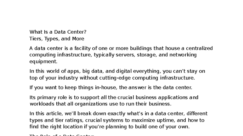 Understanding Data Centers: Tiers, Types, and Functions - ABC - Studocu