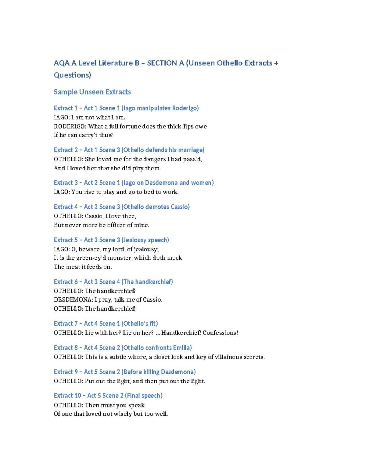 AQA A Level Literature B: Othello Unseen Extracts & Questions - Studocu