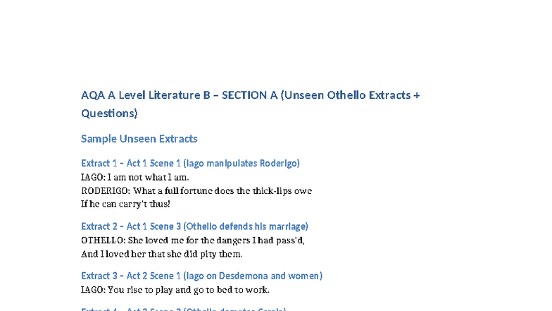 AQA A Level Literature B: Othello Unseen Extracts & Questions - Studocu