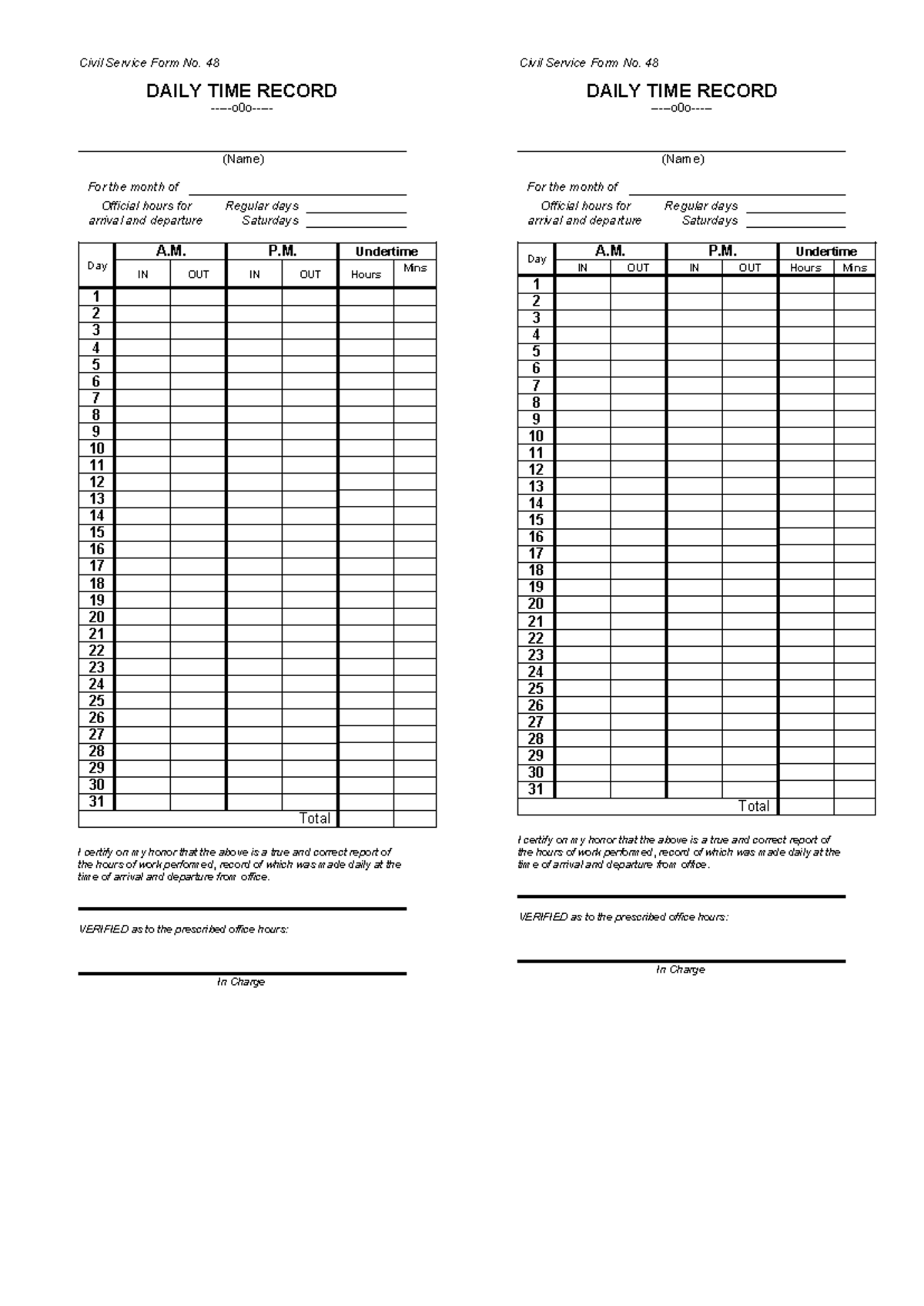 Civil Service Form No. 48: Daily Time Record (OJT) - Studocu