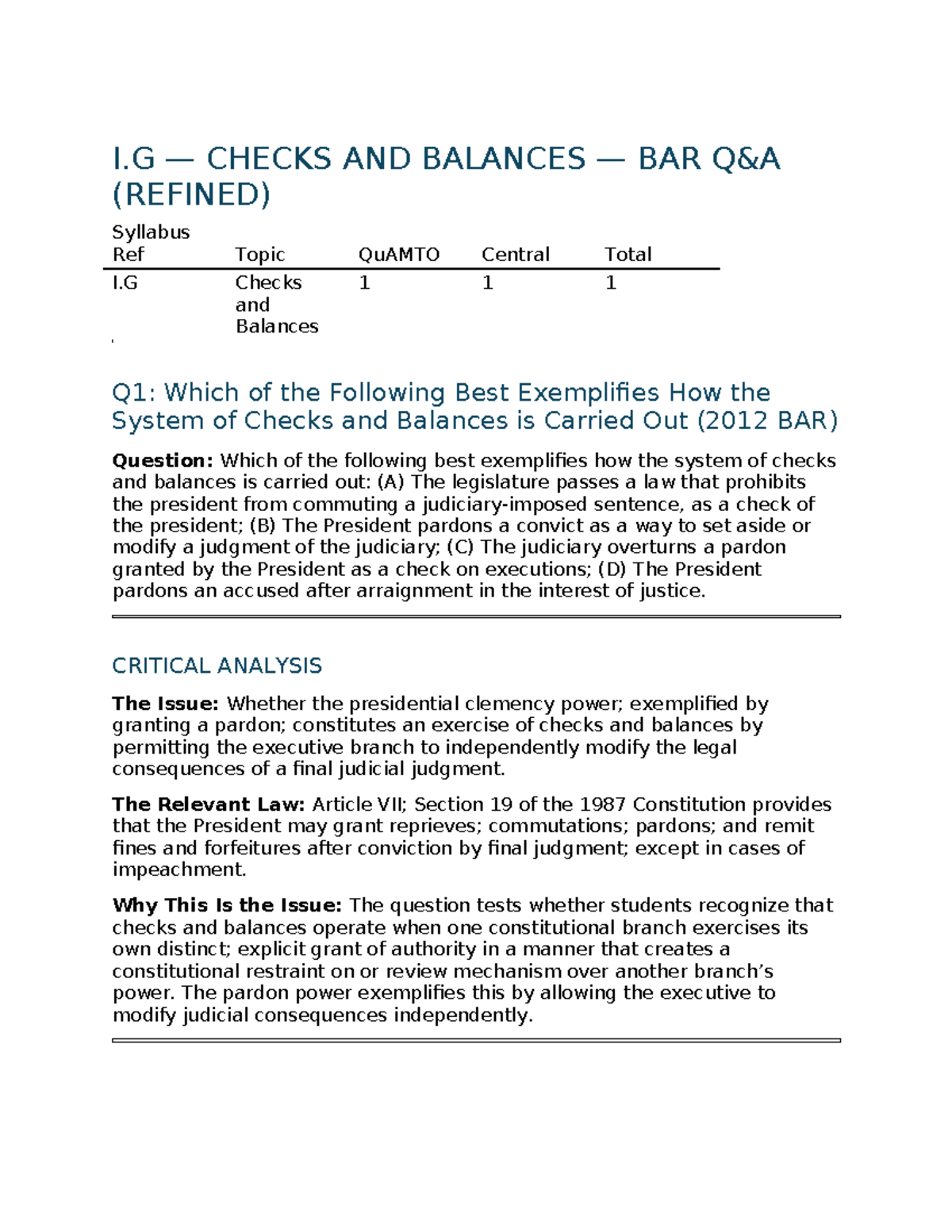 I.G — Checks and Balances — BAR Exam Q&A Study Guide - Studocu