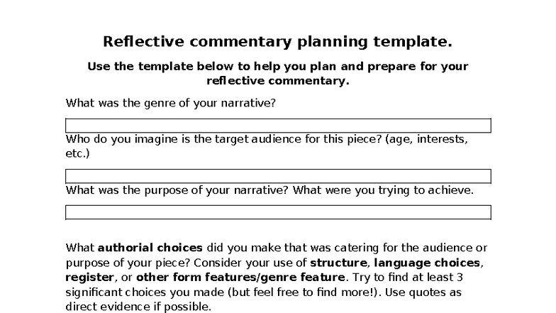 Reflective Commentary Planning Template for Narrative Analysis - Studocu