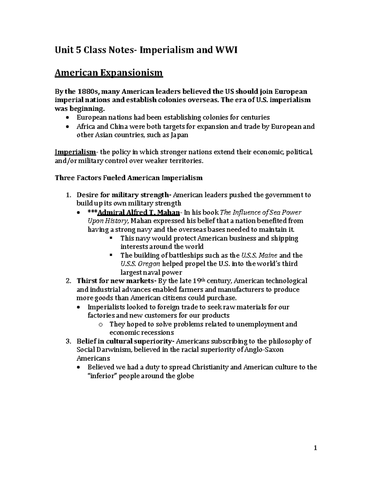 Unit 5 Class Notes - American Imperialism and WWI Overview - Studocu