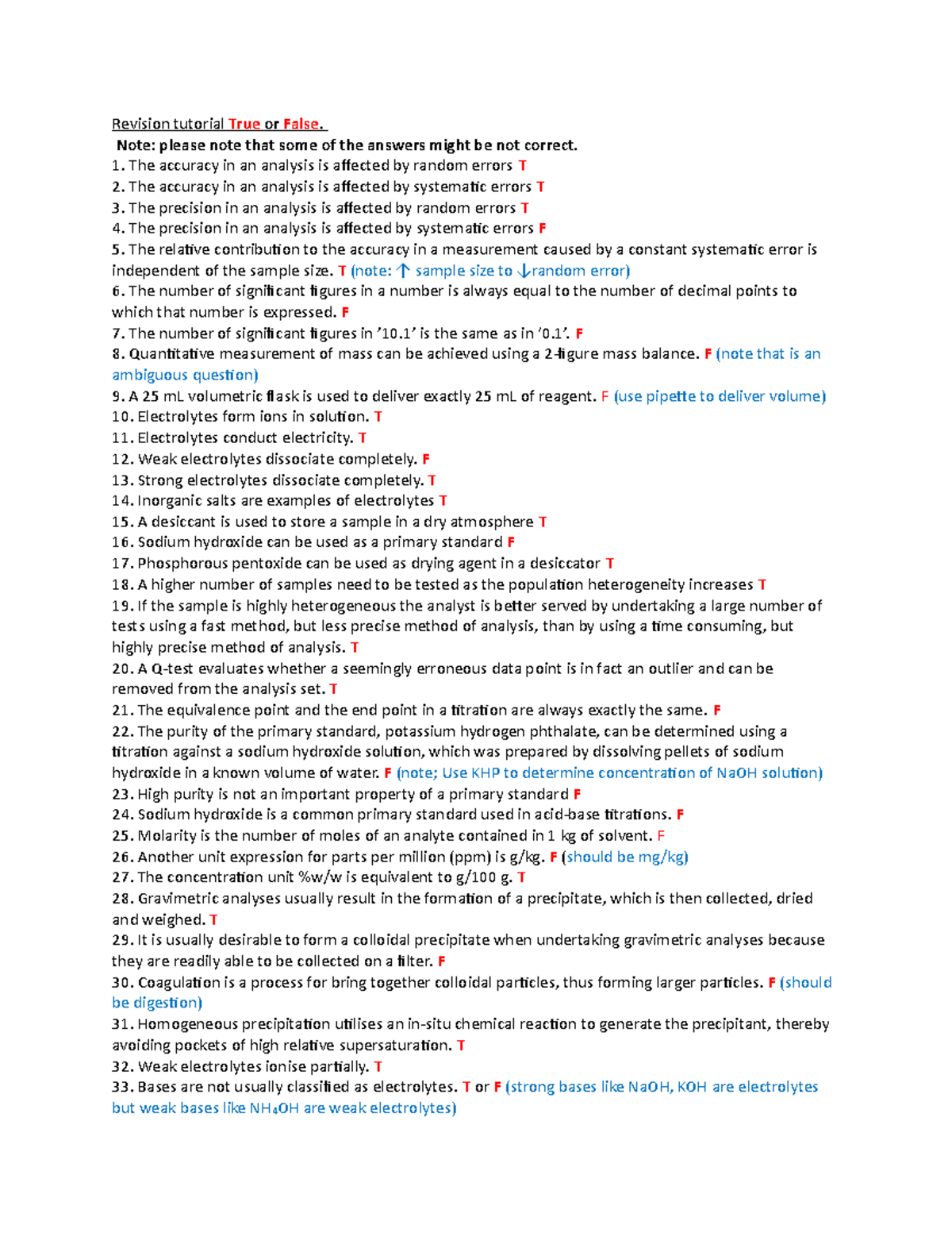 CHEM 101: Final Exam Revision Tutorial - True or False Questions - Studocu