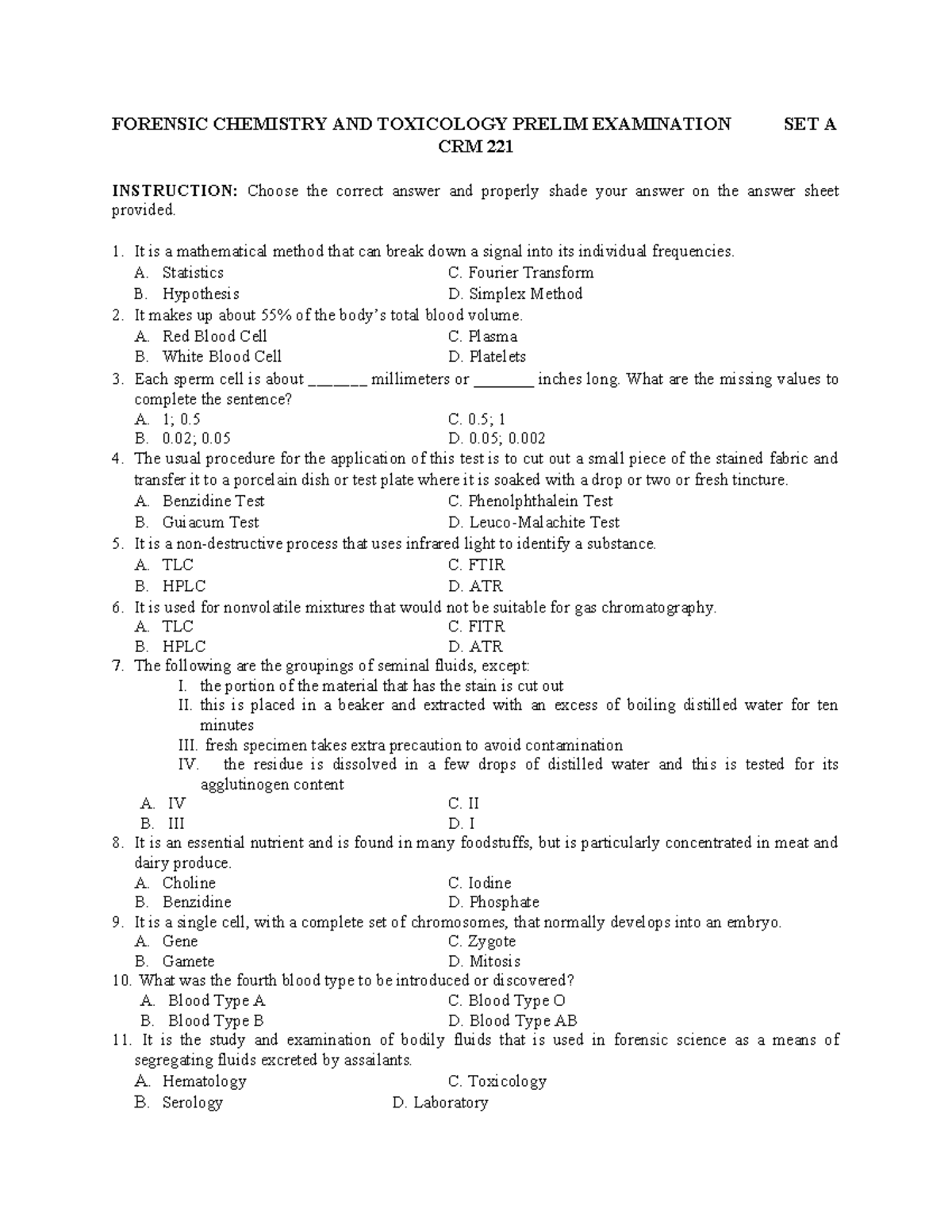 Forensic Chemistry and Toxicology Prelim Exam Set A (CRM 221) - Studocu