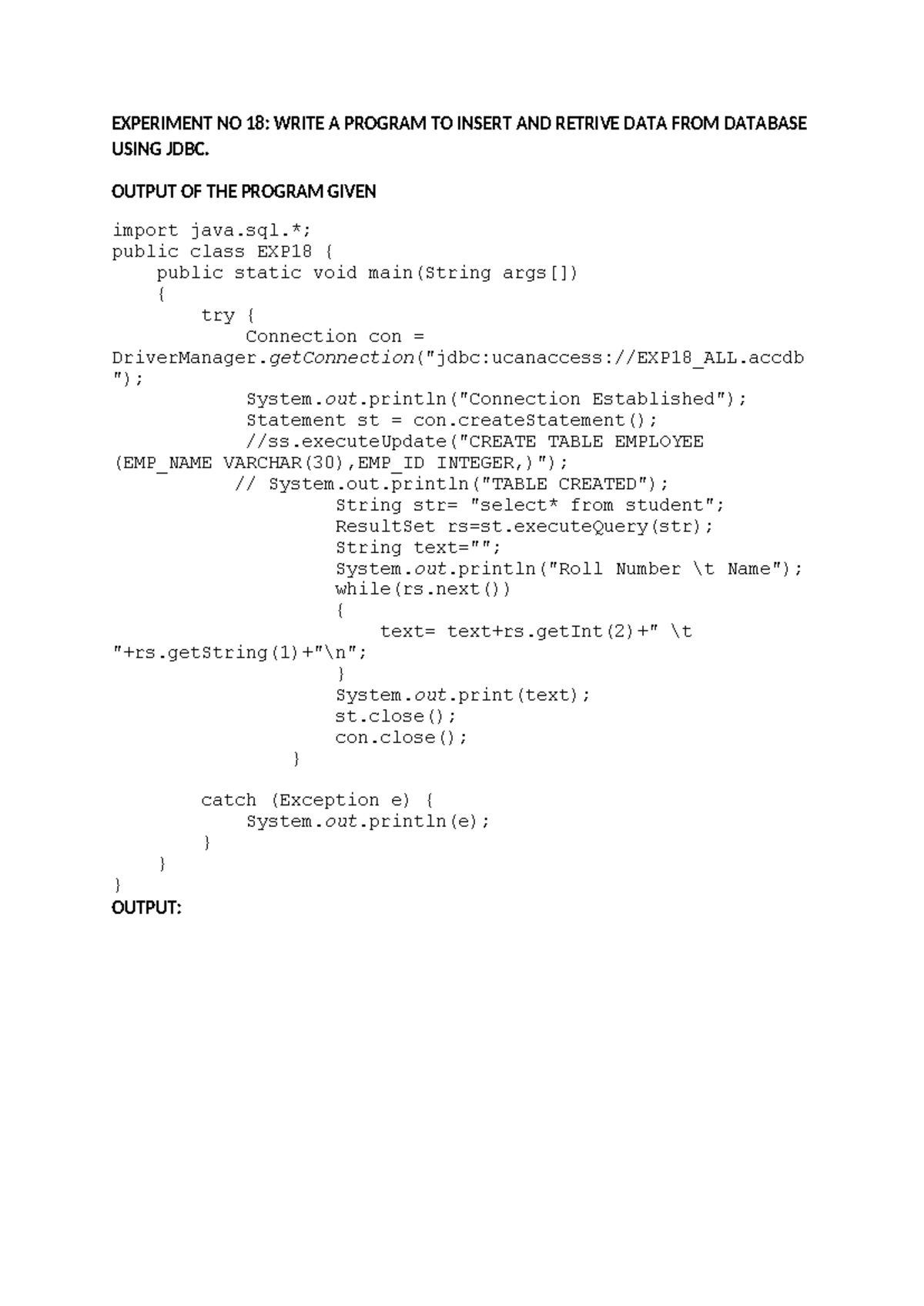 Exp18 advance java - EXPERIMENT NO 18: WRITE A PROGRAM TO INSERT AND ...