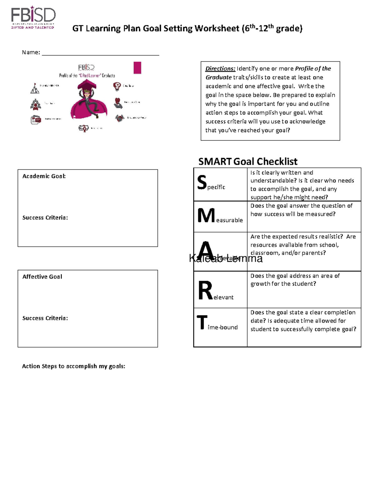 GT Learning Plan: Goal Setting Worksheet (Grade) - Studocu