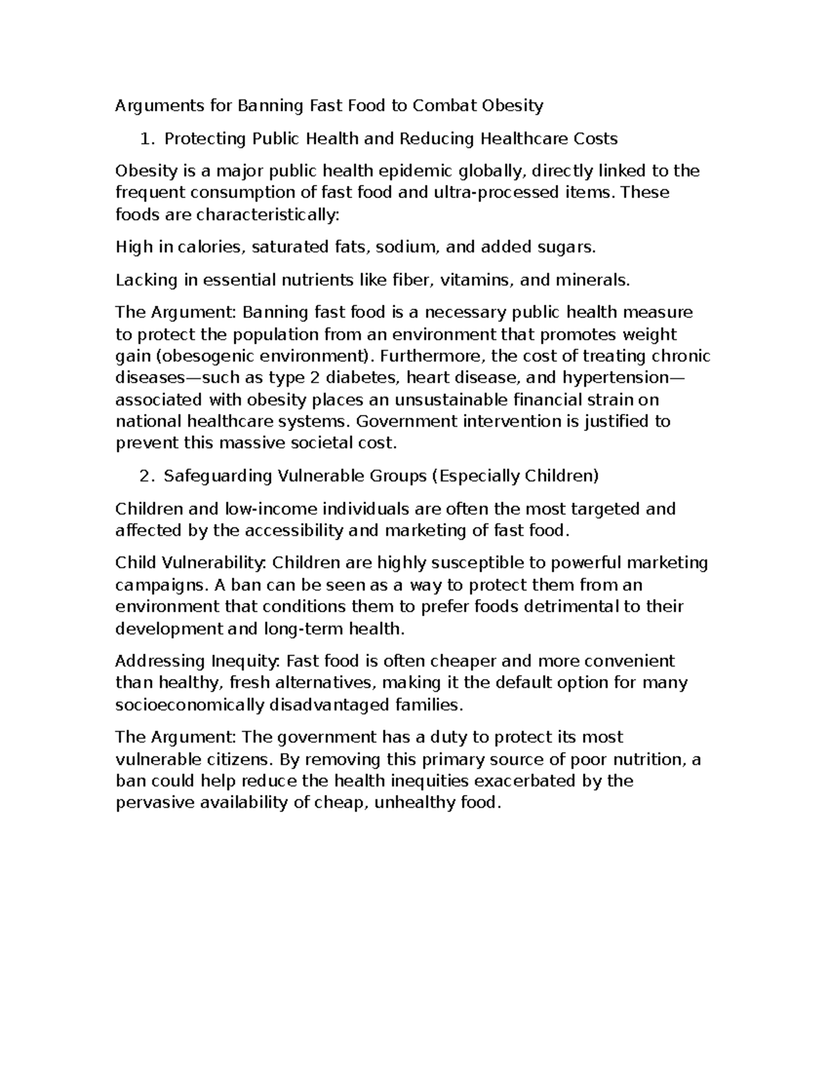 Arguments for Banning Fast Food to Combat Obesity: A Public Health ...