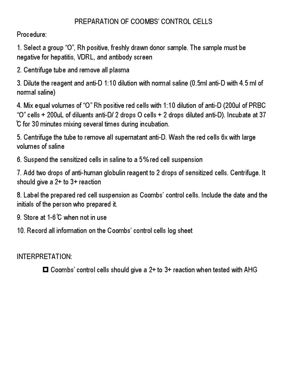 Preparation of Control Cells for Coombs Test Procedure - Studocu