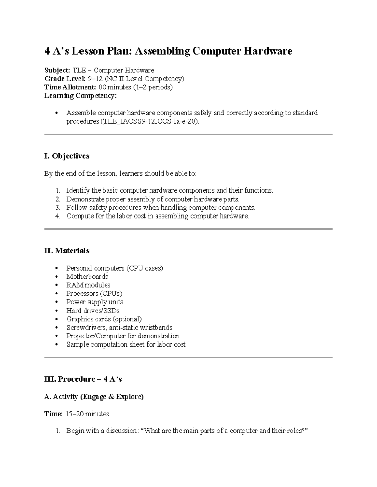 TLE NC II Lesson Plan: Assembling Computer Hardware Components - Studocu