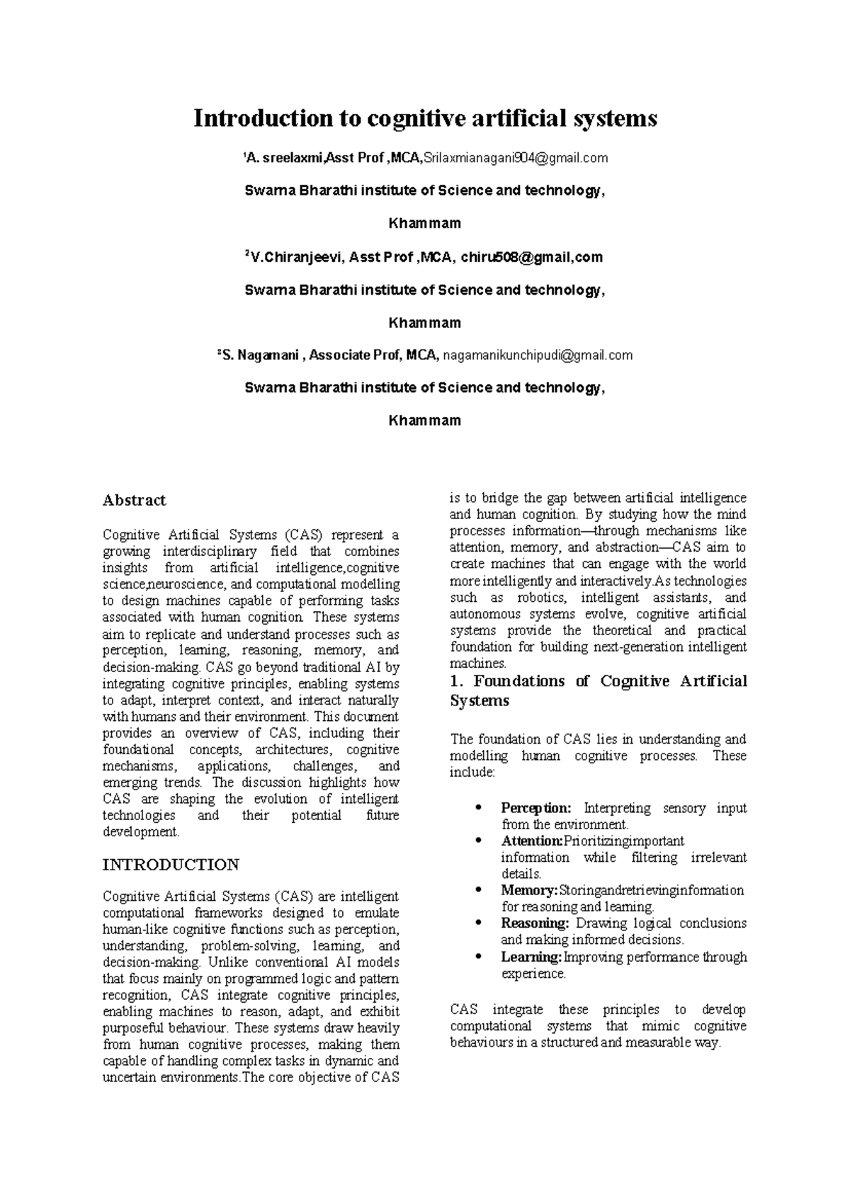Cognitive Artificial Systems: Foundations, Architectures, and ...