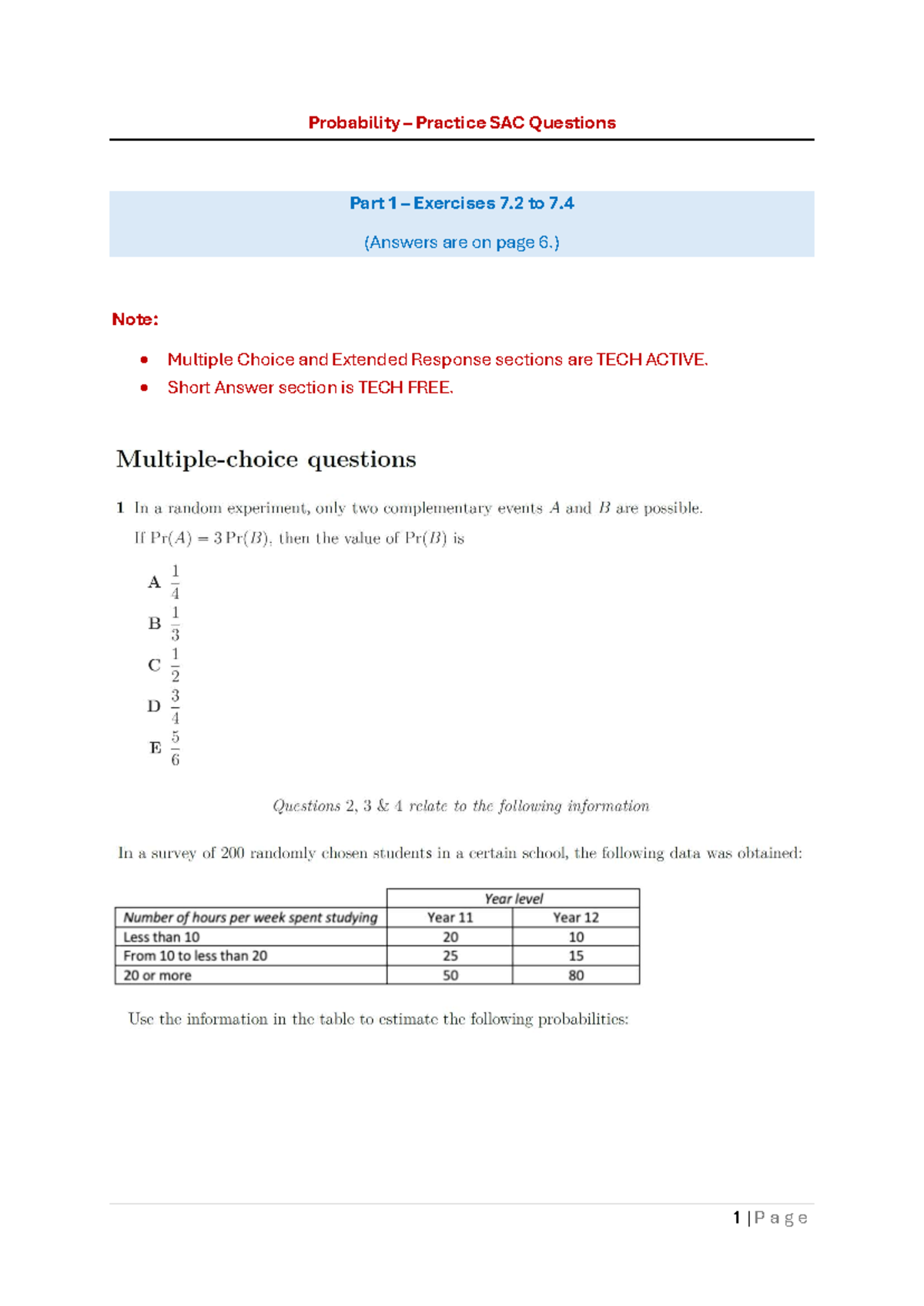 2025 Probability Practice SAC - Probability – Practice SAC Questions ...