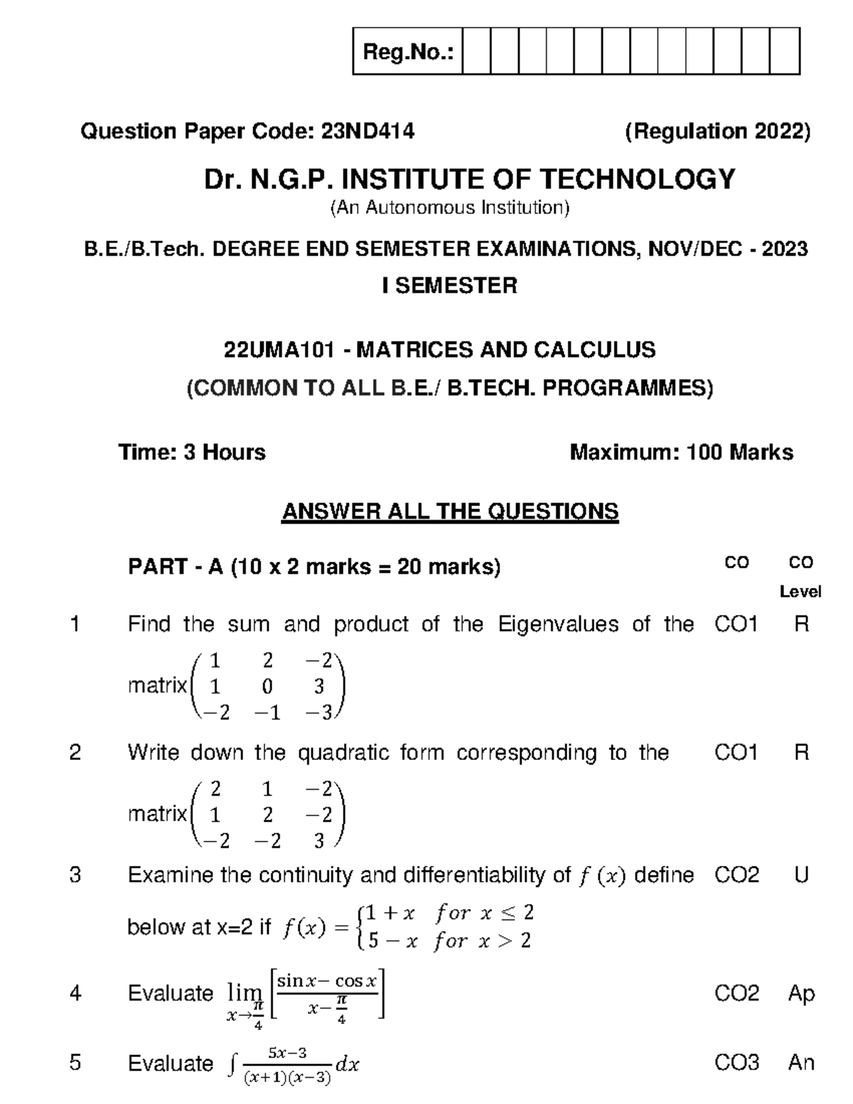 22UMA101 - End Semester Exam Question Paper Nov-Dec 2023 - Studocu