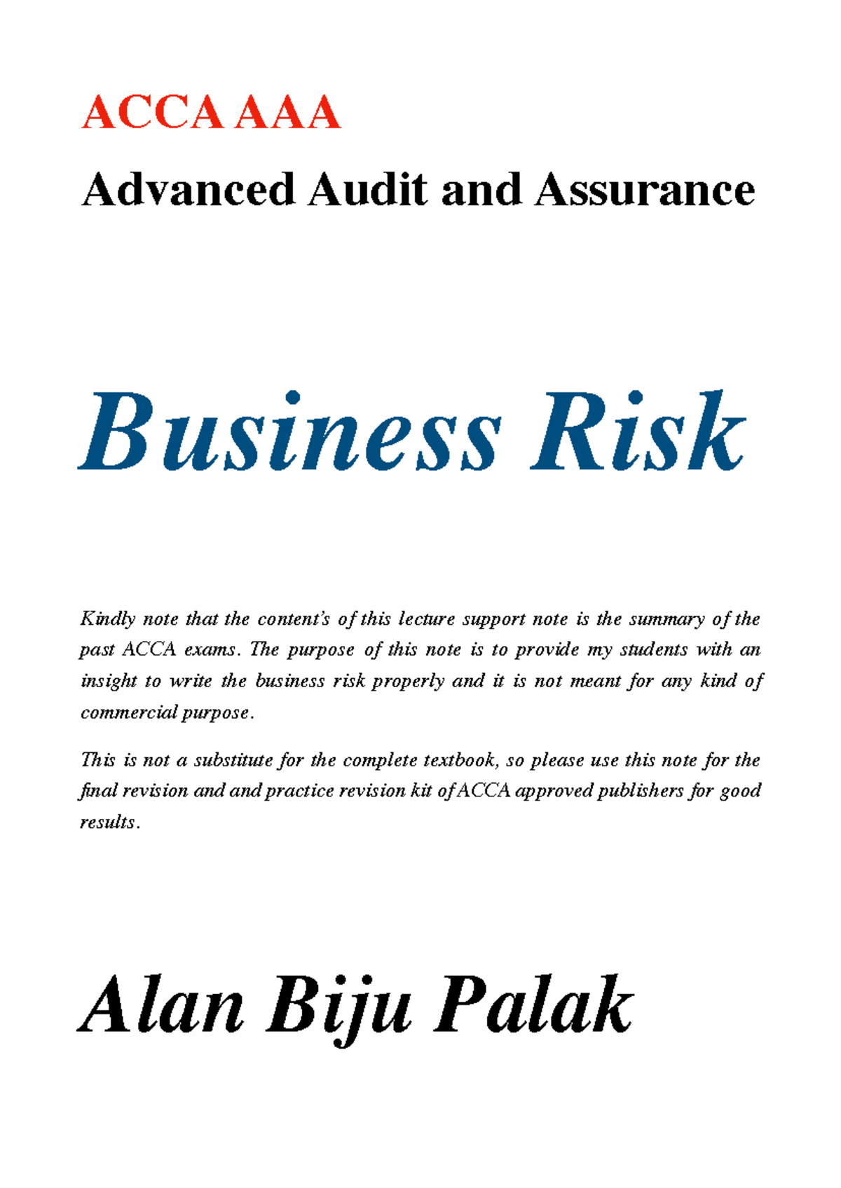 ACCA AAA Business Risk Insights: Summary Notes by Alan Biju Palak - Studocu