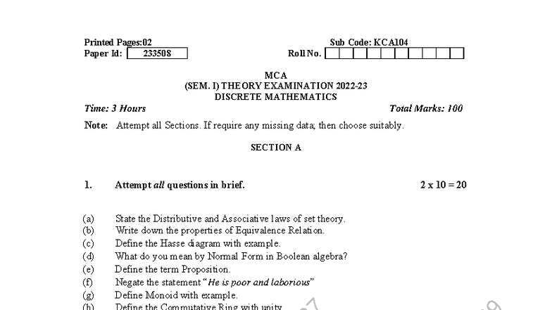 MCA SEM I Discrete Mathematics KCA-104 Odd Semester Exam Ques - Studocu