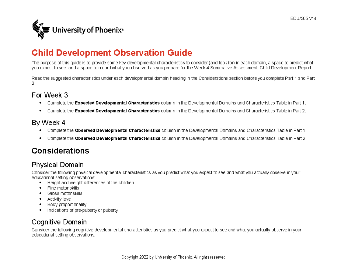 EDU/305 v14 Child Development Observation Guide for Week 4 Assessment ...