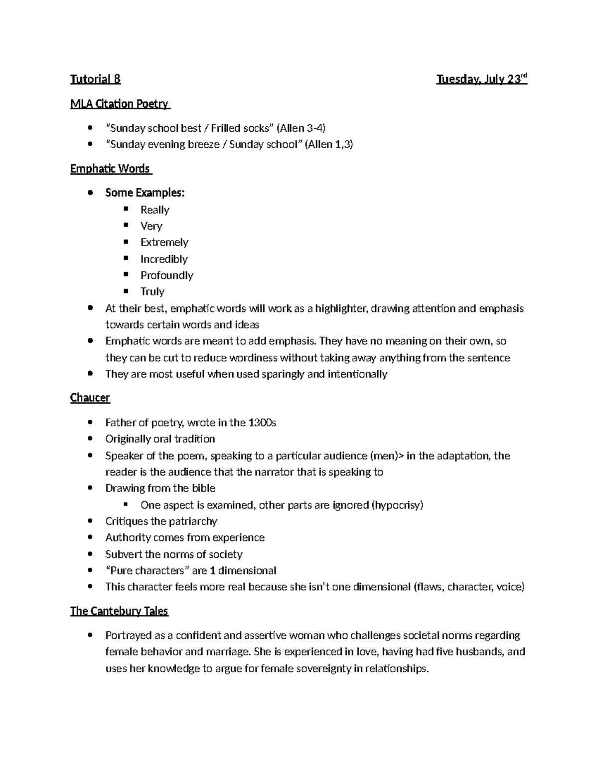 Tutorial 8 Notes - Tutorial 8 Tuesday, July 23 rd MLA Citation Poetry ...