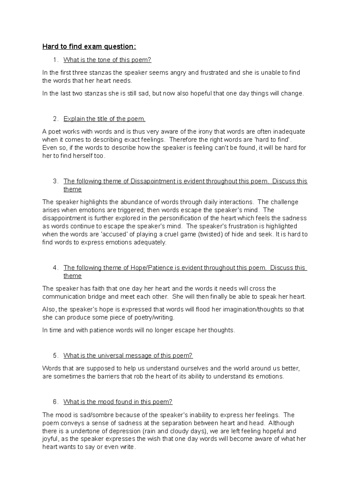 English Poetry Analysis: Themes and Questions on Various Poems - Studocu