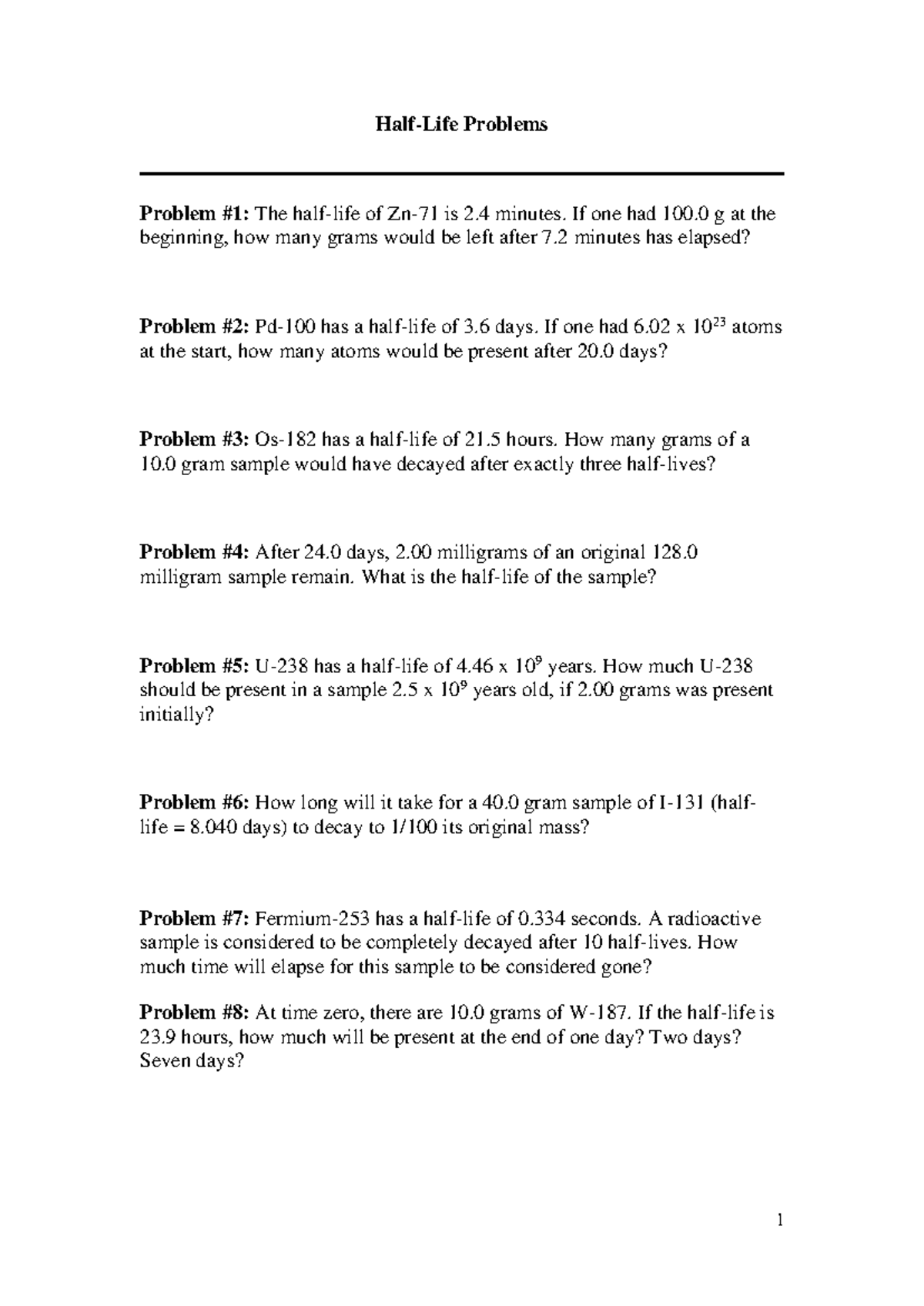 Half-Life Worksheet: Problems and Solutions for Radioactive Decay - Studocu