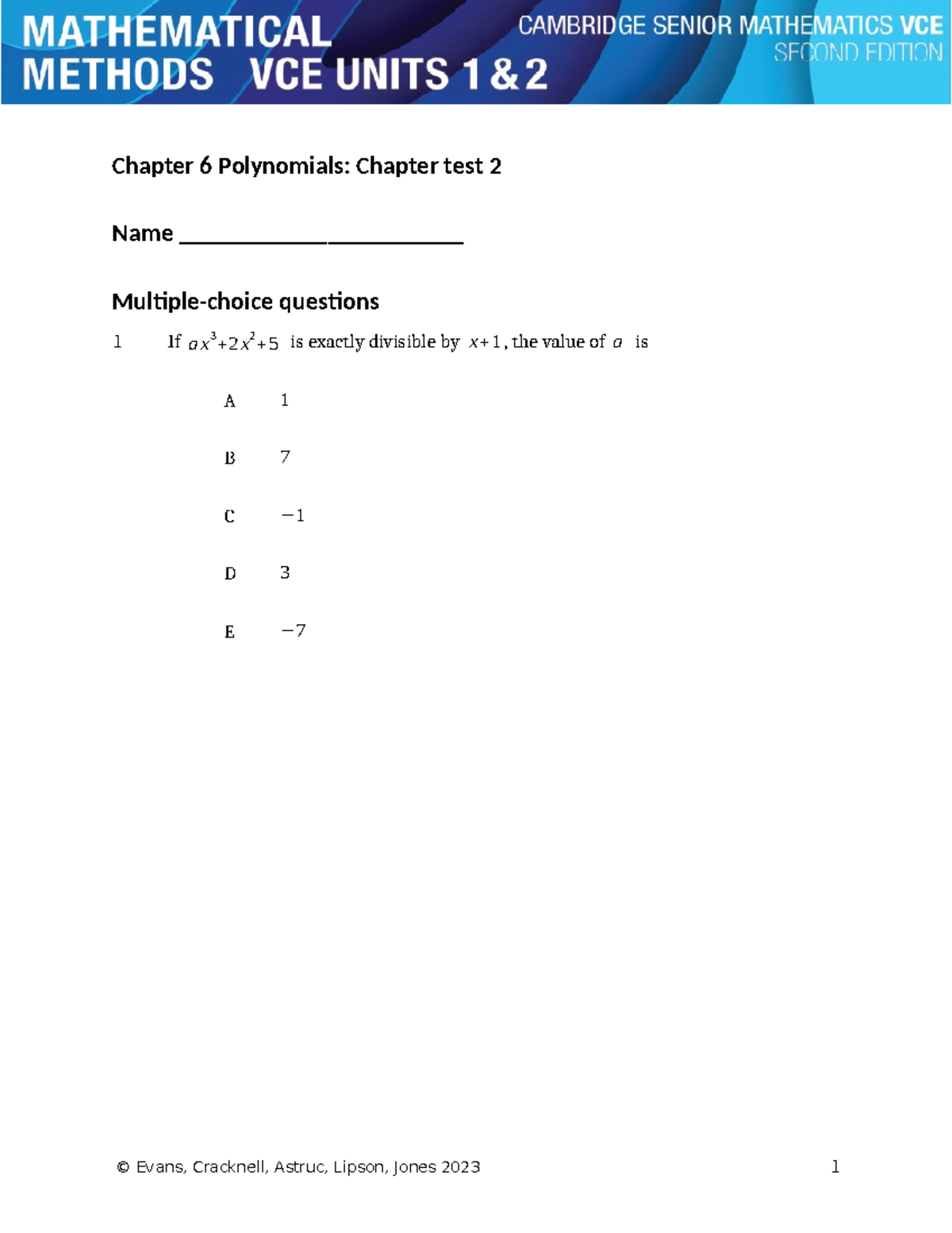 Vce Mm1 2 Chapter 6 Polynomials Test 2 Questions And Answers Studocu