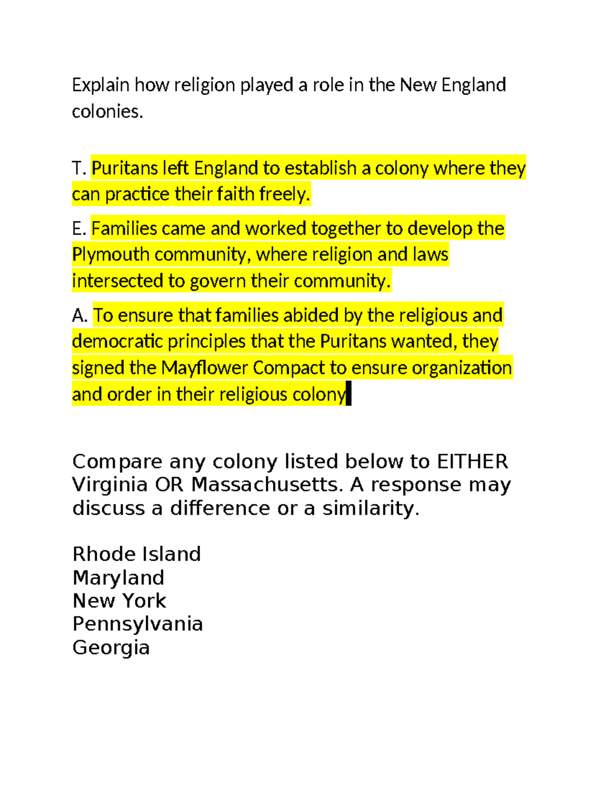 SAQ Practice: Role of Religion in New England Colonies - Studocu