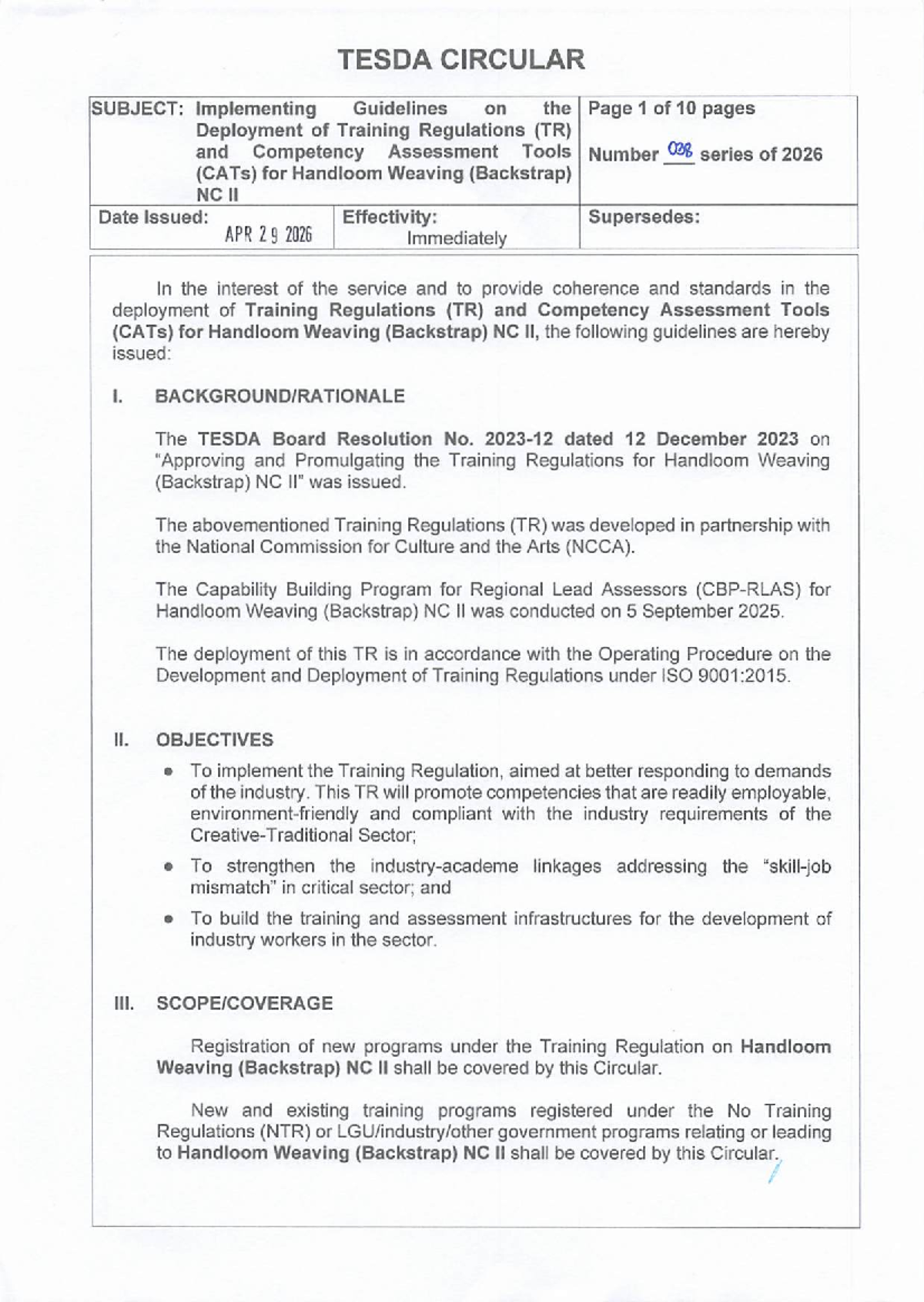 TESDA Circular No. 2026: Guidelines for Handloom Weaving (Backstrap) NC ...