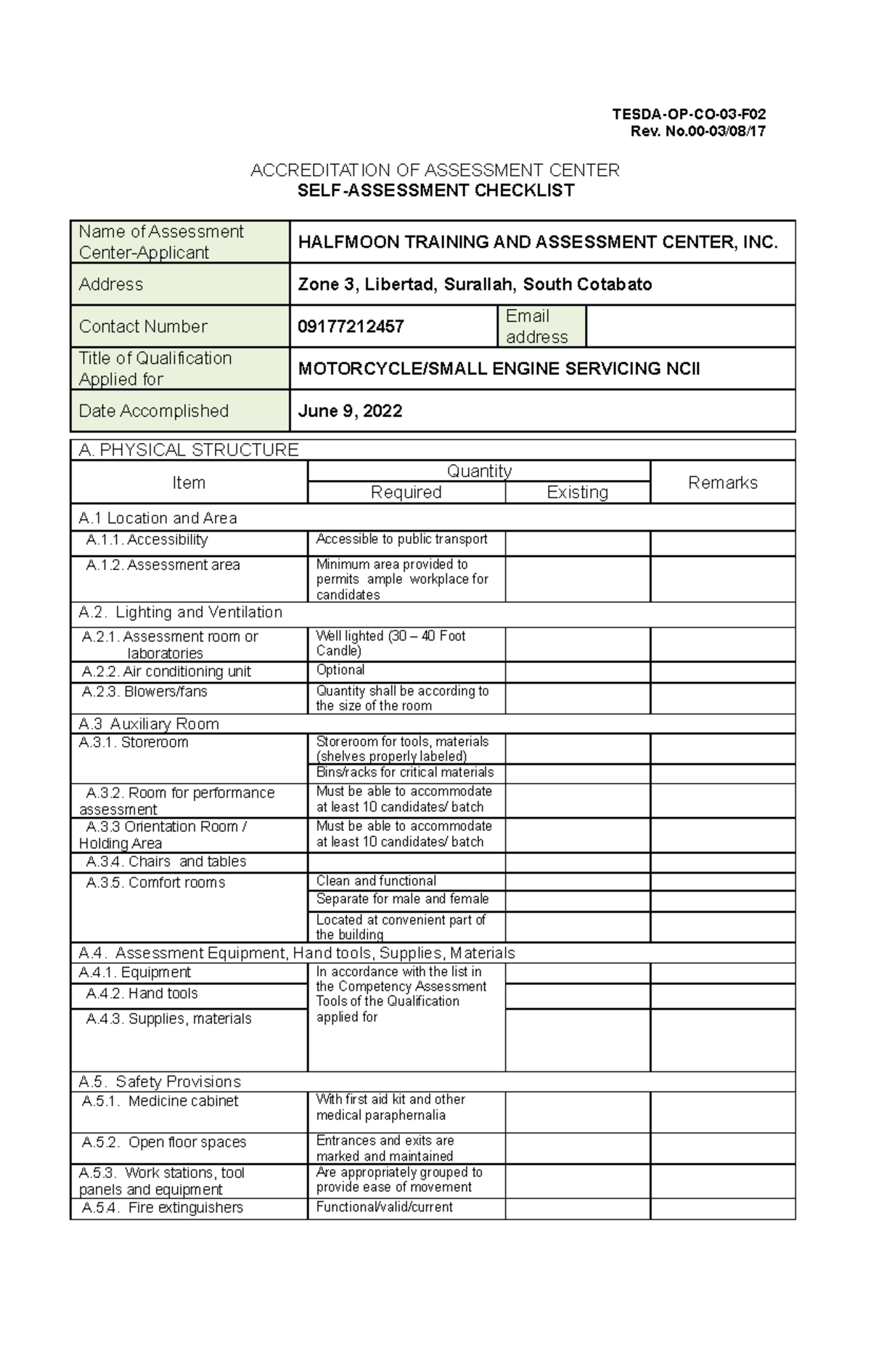 Self-Assessment Checklist for TESDA Accreditation of Assessment Center ...