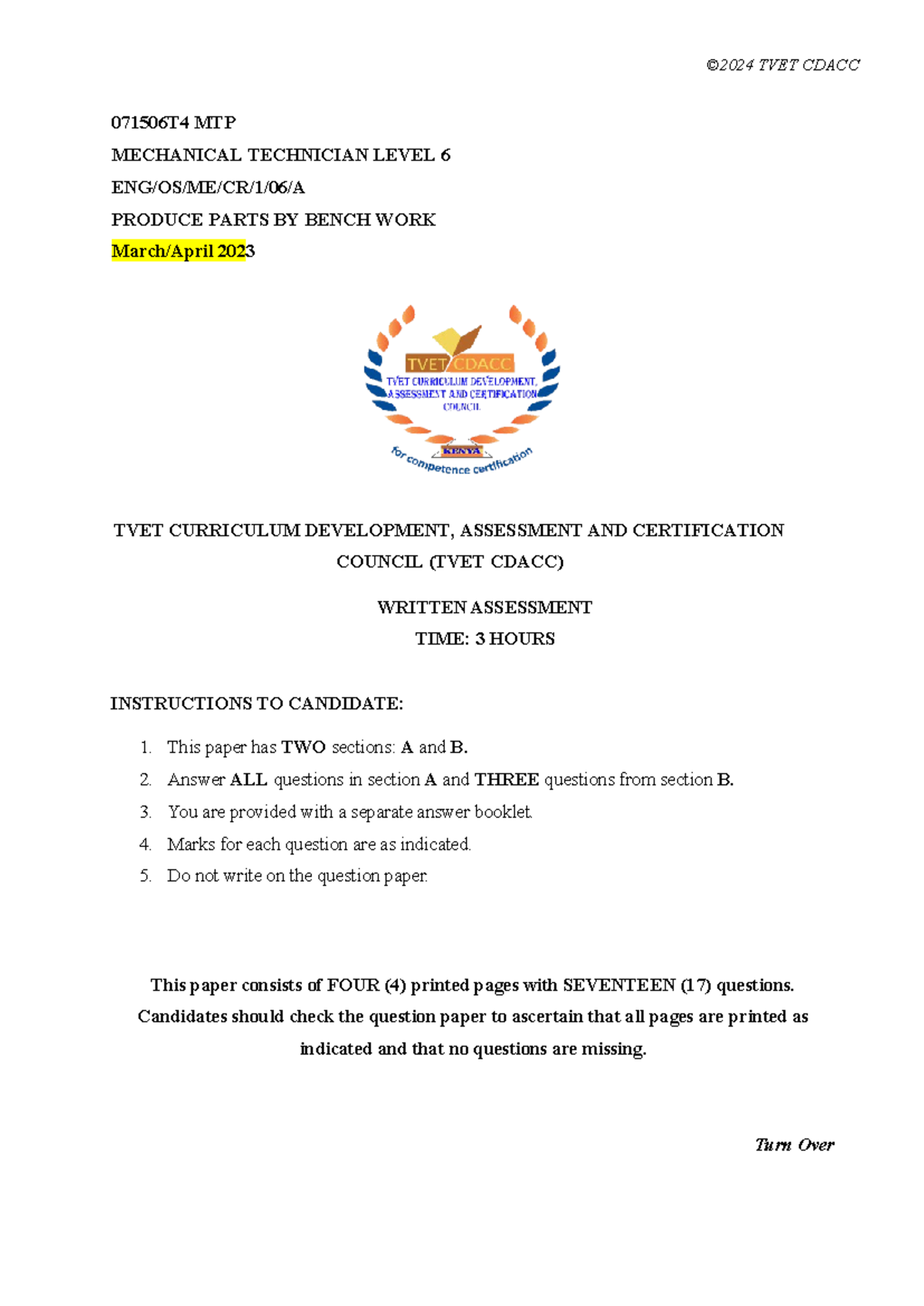 Candidate's Written Assessment for Mechanical Technician L6 Bench Work - Studocu