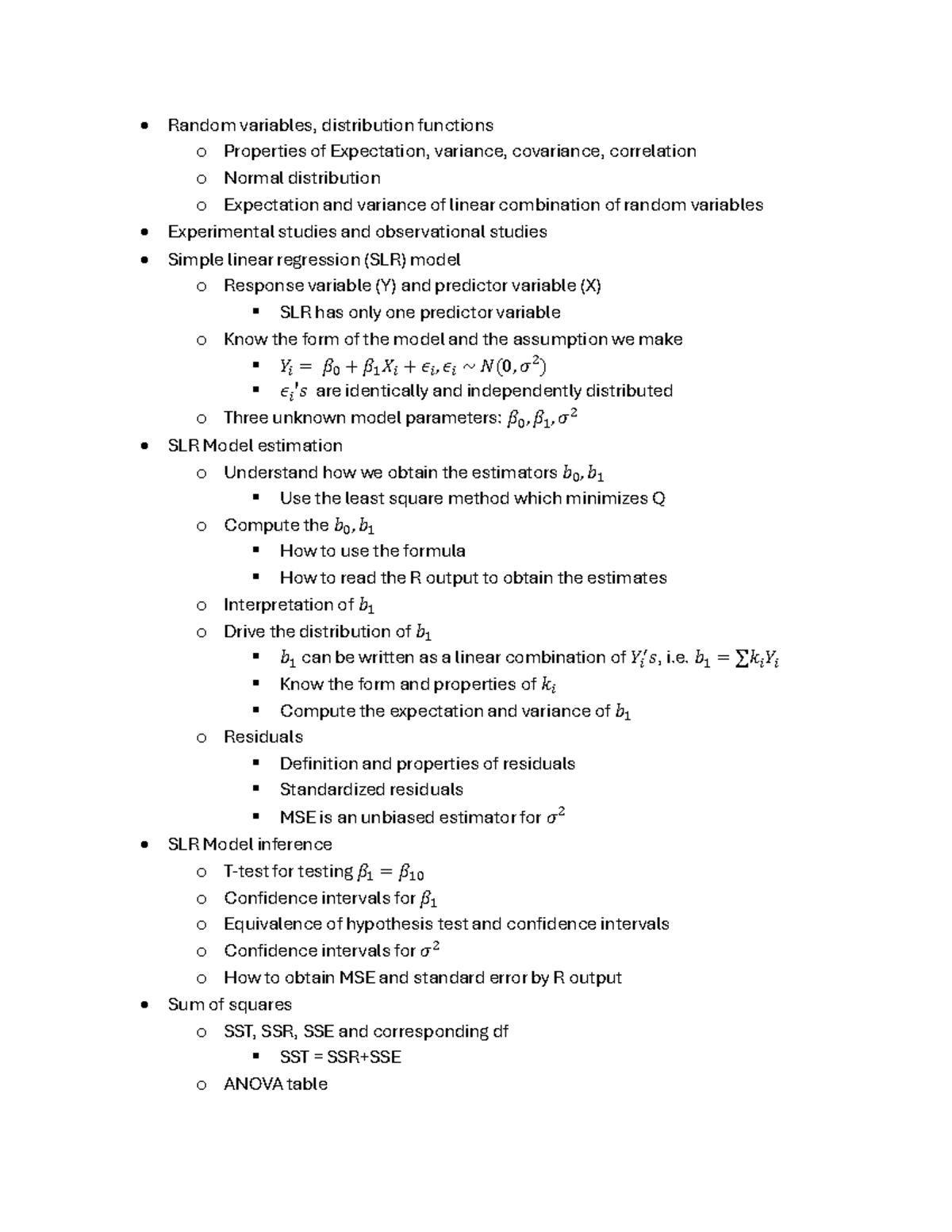 Exam 1 Topics: Random Variables, SLR Model, Hypothesis Testing - Random ...