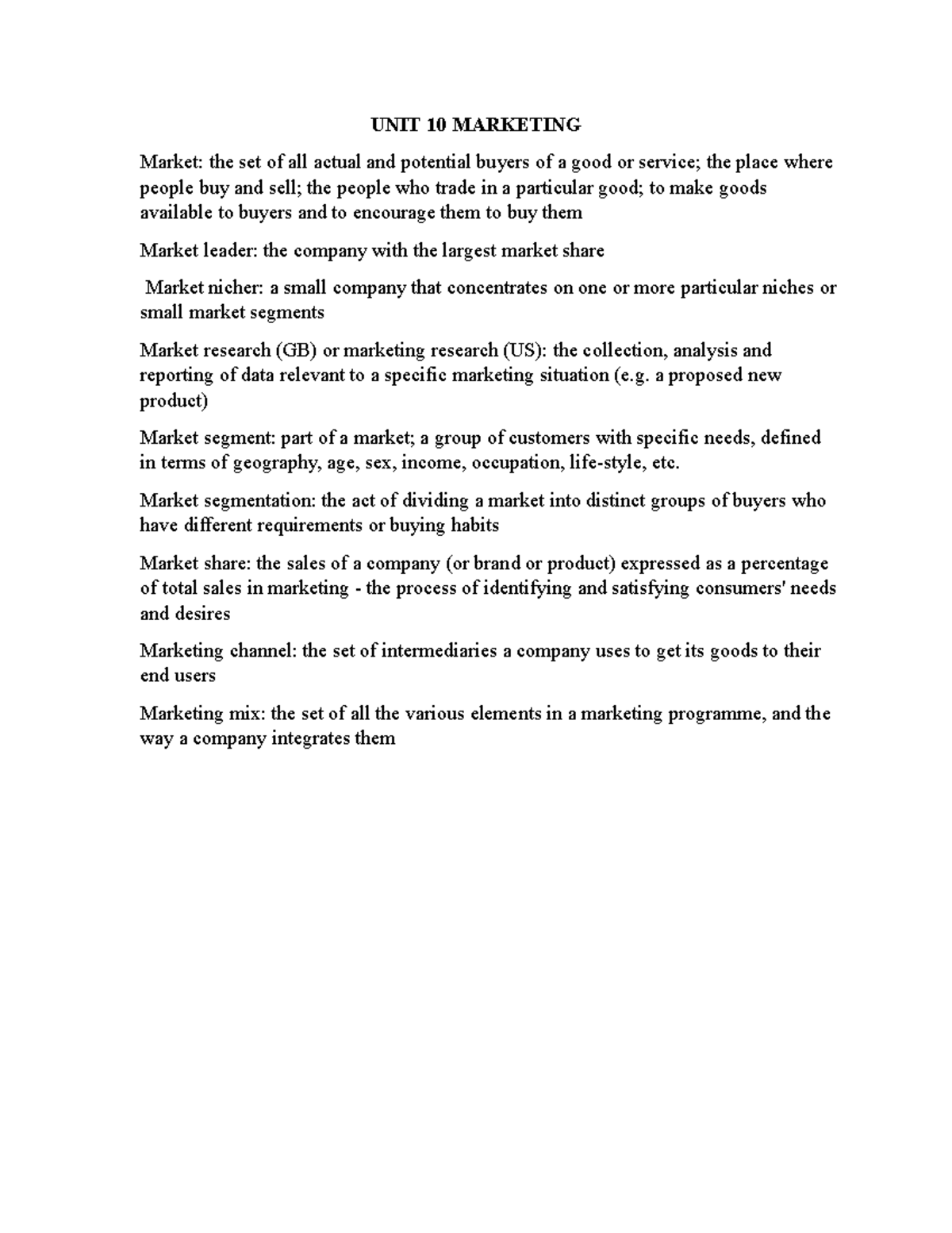 UNIT 10 Marketing Concepts and Strategies - TACN1 Notes - Studocu