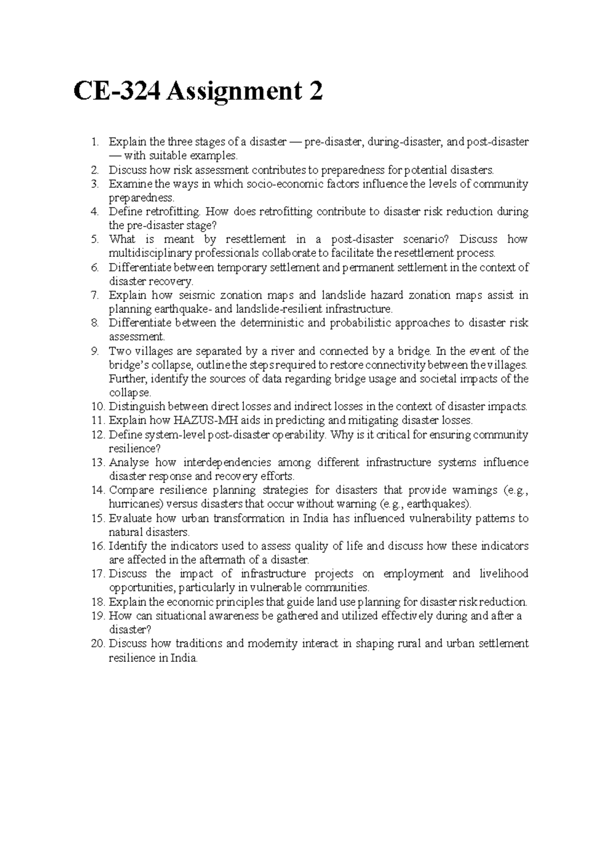CE-324 Assignment 2: Disaster Stages, Preparedness, and Resilience Strategies - Studocu
