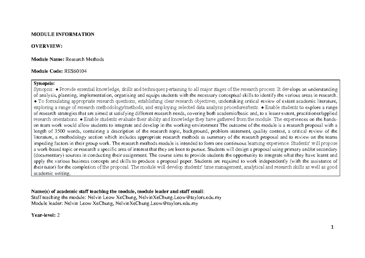 MI-Research Methods (RES60104) - MODULE INFORMATION OVERVIEW: Module ...